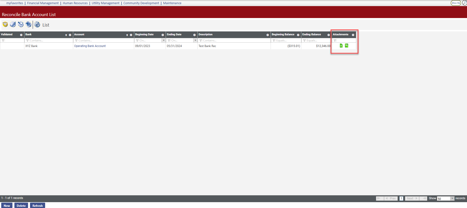 Reconcile Bank Account Attachments Column