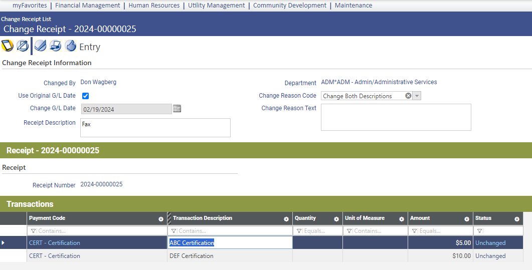 Edit Receipt Header and Transaction Descriptions